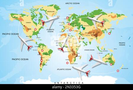Flight routs map with airplane on it, illustration Stock Photo - Alamy