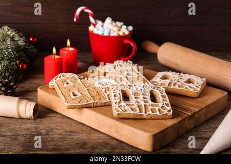 Parts of gingerbread house on table, closeup Stock Photo - Alamy