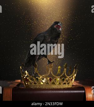 Fantasy world. Black crow lit by magic light sitting on golden crown ...