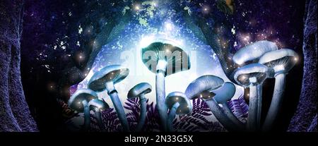 Fantasy world. Mushrooms with magic lights in enchanted forest, banner ...