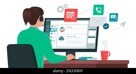 Professional virtual assistant sitting at desk and working with ...