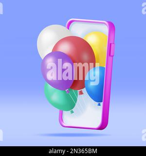 3D Smartphone with Bunch of Balloons Flying out of Screen. Render Phone ...