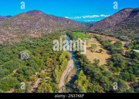 The Gavilan in Ures, Sonora Mexico. Aerial view of the river and ejido ...