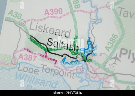 Saltash, United Kingdom atlas map town name - line drawing Stock Photo ...