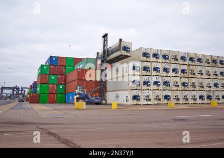 Shipping containers stored at Felixstowe Docks, Suffolk, UK Stock Photo ...