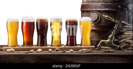 Collection of different chilled beer, beer cask isolated on white ...