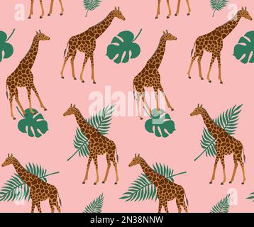Savannah wildlife seamless pattern. Vintage Leopard and leaves of palm ...