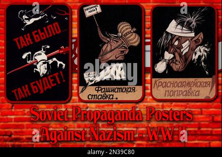 Posters of Soviet propaganda (CCCP, USSR) celebrating Lenin and Stalin ...
