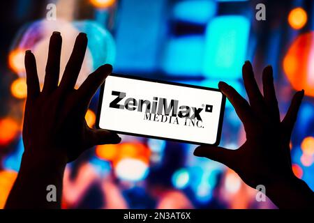 In this photo illustration, the ZeniMax Media logo is displayed on a ...