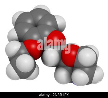 Viloxazine drug molecule. 3D rendering. Atoms are represented as ...