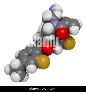 Remibrutinib drug molecule. 3D rendering. Atoms are represented as ...
