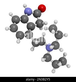 Ropinirole drug molecule. 3D rendering. Atoms are represented as ...