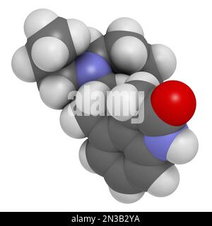 Ropinirole drug molecule. 3D rendering. Atoms are represented as ...