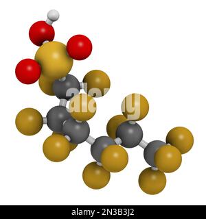 Perfluorohexanesulfonic acid (PFHxS) molecule. 3D rendering. Atoms are ...