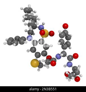 Odevixibat drug molecule. 3D rendering. Atoms are represented as ...