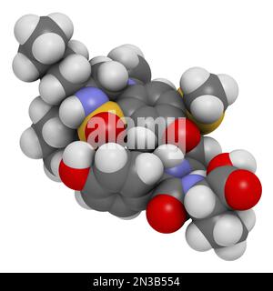 Odevixibat drug molecule. 3D rendering. Atoms are represented as ...