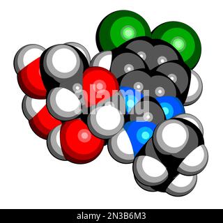 Maribavir antiviral drug molecule. 3D rendering. Atoms are represented ...