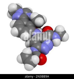Deucravacitinib drug molecule. 3D rendering. Atoms are represented as spheres with conventional ...
