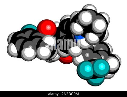 Avacopan drug molecule. 3D rendering. Atoms are represented as spheres ...