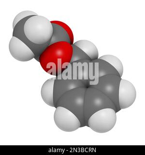 Benzyl acetate molecule. 3D rendering. Atoms are represented as spheres ...