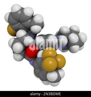 Avacopan drug molecule. 3D rendering. Atoms are represented as spheres ...