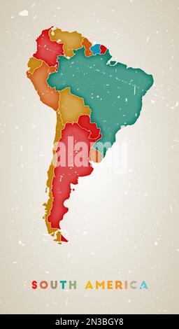 South America map. Continent poster with regions. Old grunge texture ...