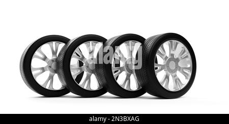 Four car tires with silver rims standing in row on white background, 3D illustration Stock Photo ...