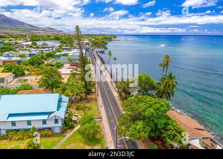 Aerial view of the town of Lahaina along the Pacific; Maui, Hawaii ...