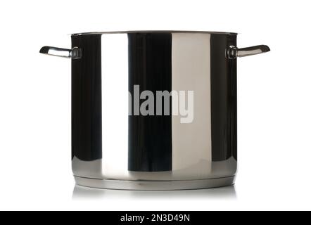 Large stainless steel cooking pot side view with glass lid on the right ...
