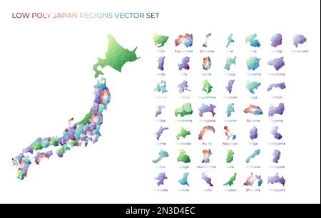 Set of state maps of Japan with regions and municipalities division ...