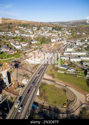 Roadworks on A465 Heads of the Valleys road at Merthyr Tydfil building ...