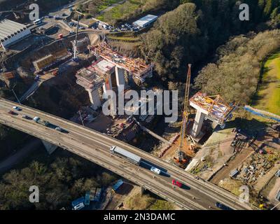 MERTHYR TYDFIL, WALES - FEBRUARY 06 2023: Aerial view of a roundabout ...