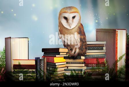 Beautiful wise owl on books in fantasy world Stock Photo - Alamy