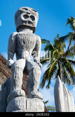 Wooden statue (Ki'i) of a Hawaiian deity in front of a thatched roof ...