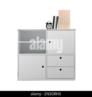 Stylish alarm clock and books on table near light wall Stock Photo - Alamy