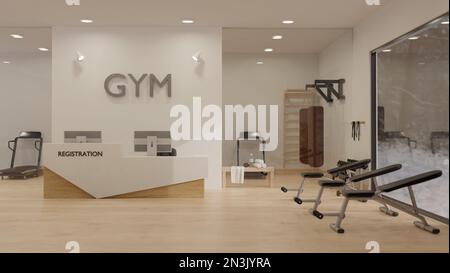 Modern gym lobby interior design with registration counter and sport ...