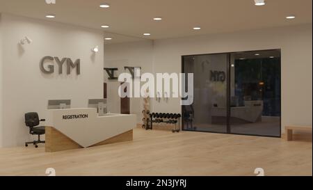 Modern gym lobby interior design in minimal white and wood style with ...