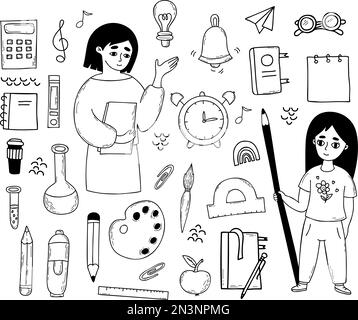 Collection educational doodles. Cute girl with pencil, stationery ...
