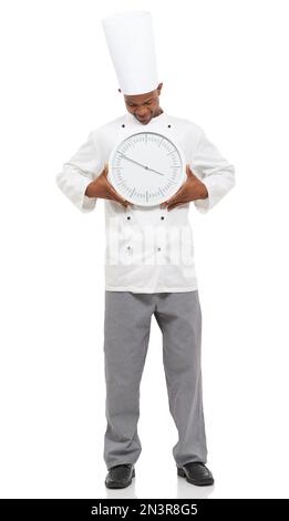 Chef, clock and portrait of happy black man with time, speed or ...