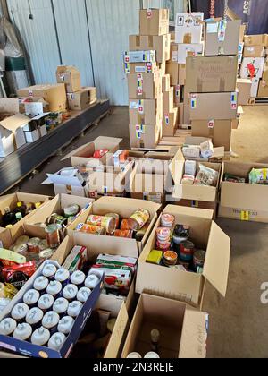 Food humanitarian aid for Ukraine sorted in parcels before send out to ...