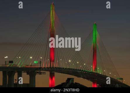 New Gerald Desmond Bridge, looking west, shown at dusk in the Port of ...