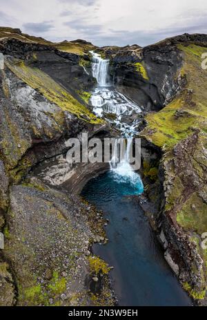 Aerial view, Ofaerufossar, two waterfalls, Eldgja fire gorge, Icelandic ...