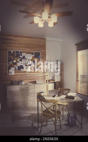 Detective office interior with evidence board on wall Stock Photo - Alamy
