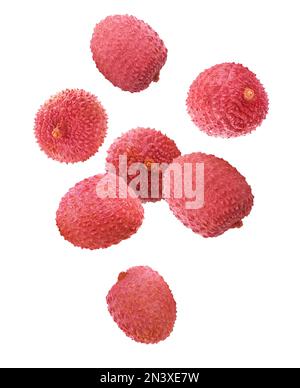 Set of falling delicious lychees on white background Stock Photo - Alamy
