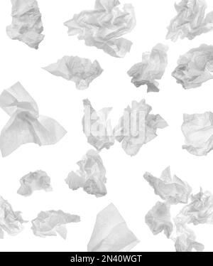 Set with used crumpled paper tissues on white background. Banner design ...