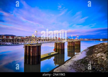Pontoon and Gantry at entrance to marina on the River Wyre estuary ...