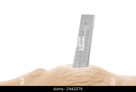 Weather thermometer in sand against white background Stock Photo - Alamy