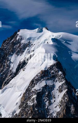 The summits of Mont Blanc du Tacul, Aiguille du Midi, Mont Maudit, Mont Blanc and Dome du ...