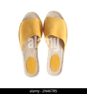 Slide shoes on white background, top view. Beach accessory Stock Photo ...
