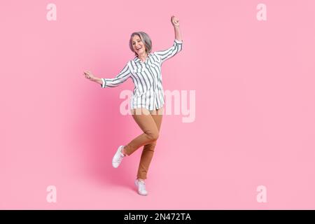 Full length photo of adorable shiny woman wear yellow pullover dancing ...